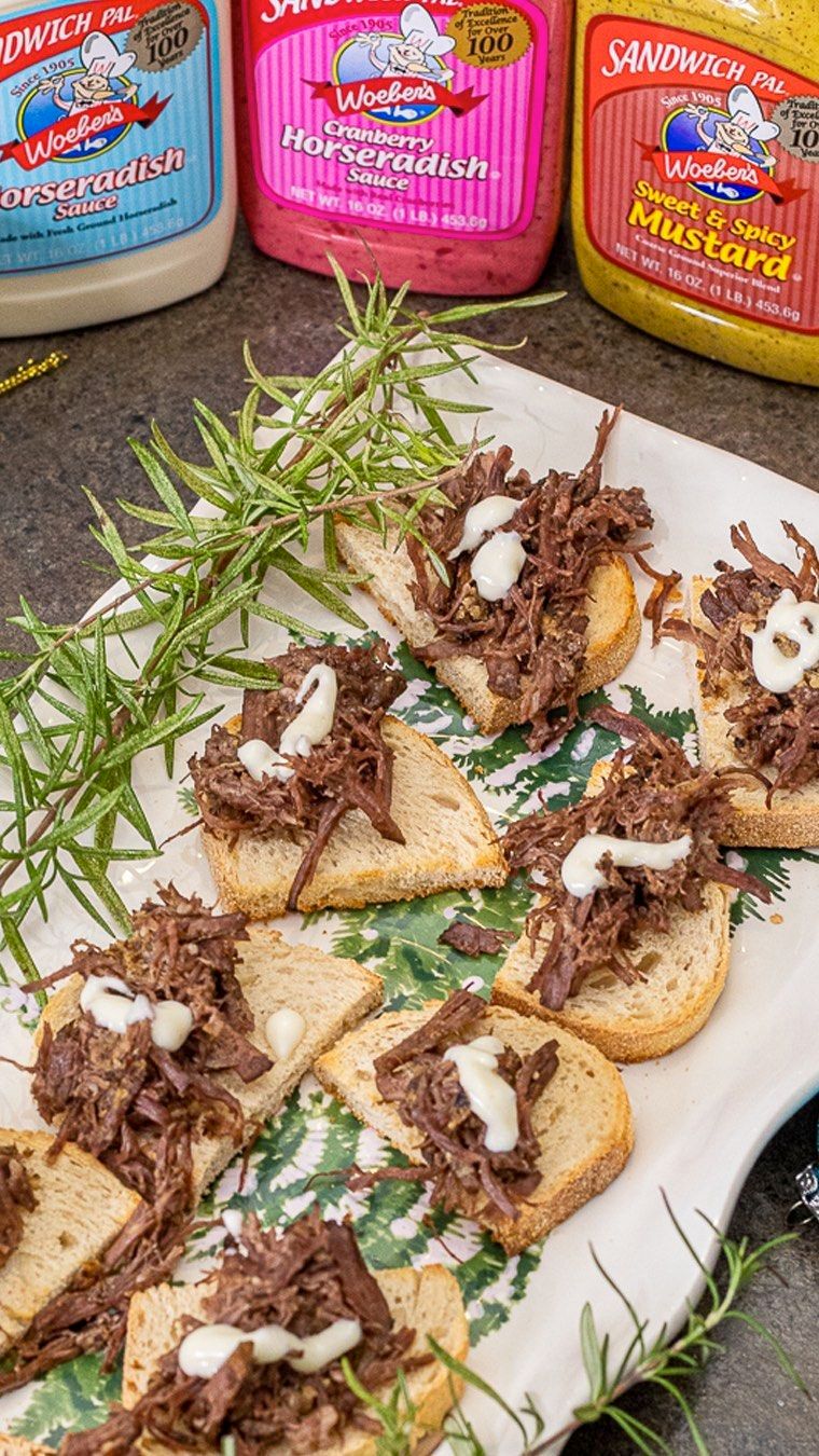 Mustard Bourbon Braised Beef Crostini - Woeber's